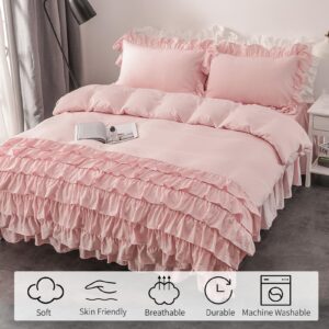 Rvciby Ruffle Duvet Cover Queen Size,Soft and Breathable Washed Microfiber Princess Bedding Set,3 Pieces,1 Duvet Cover with Zipper Closure & Corner Ties and 2 Pillow Shams,90 X 90 Inches (Queen,Pink)