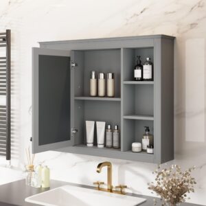 Linique Medicine Cabinet with Mirror and Shelves, Modern Wall-Mounted Bathroom Storage Cabinet with Soft-Close Door Hinges, Grey