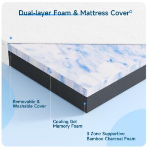 3 Inch Twin XL Mattress Topper, 3-Zone Firm Supportive Foam for Back Pain, Cooling Gel Memory Foam Bed Topper with Non-Slip Bottom, Removable Soft Cover, CertiPUR-US and Oeko-TEX Certified