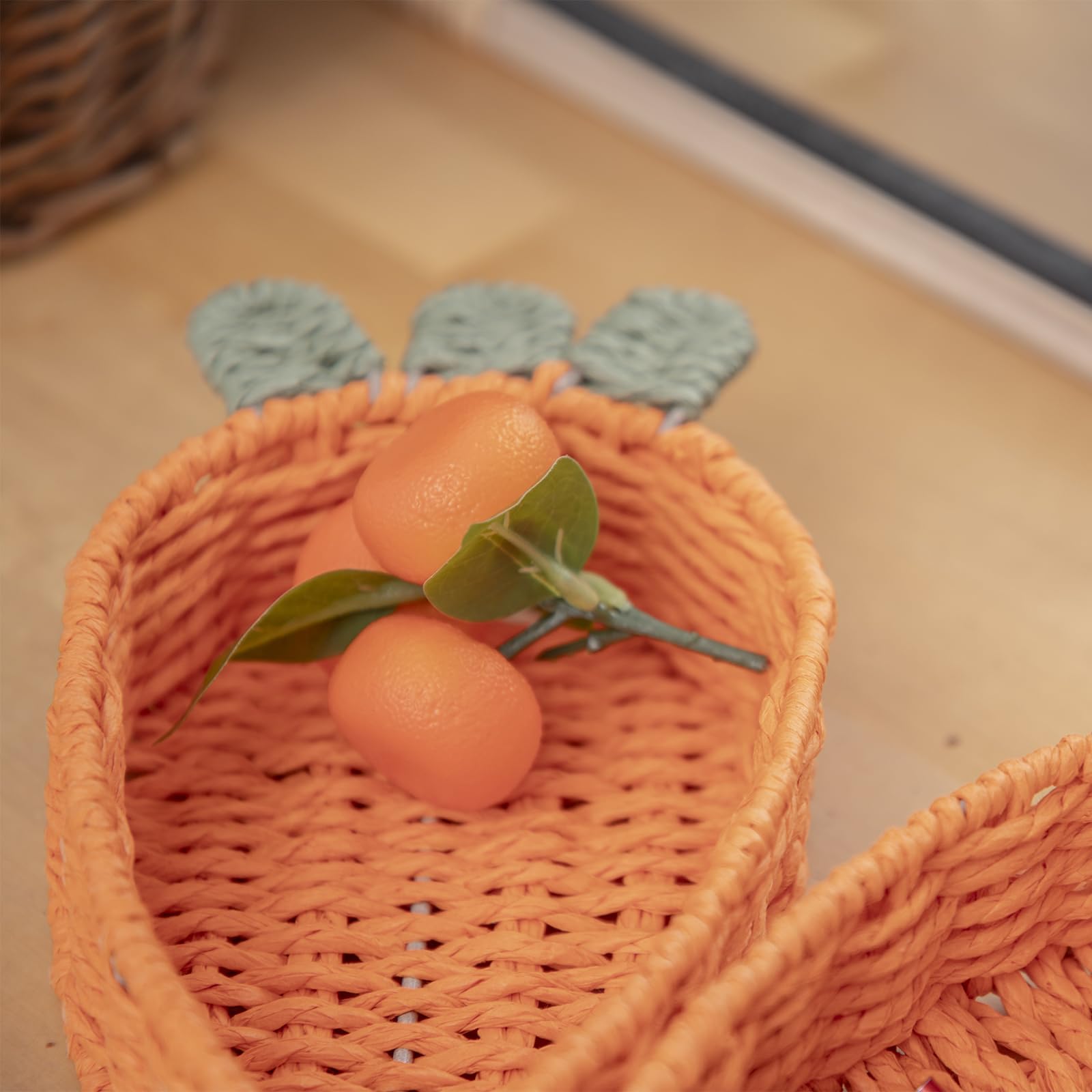 YRMT Small Storage Baskets for Entryway, Carrot Shape Decorative Bowl Basket, Paper Rope Woven Basket Organizer for Candy, Keys, Wallet, Cute Home Decor Set of 2