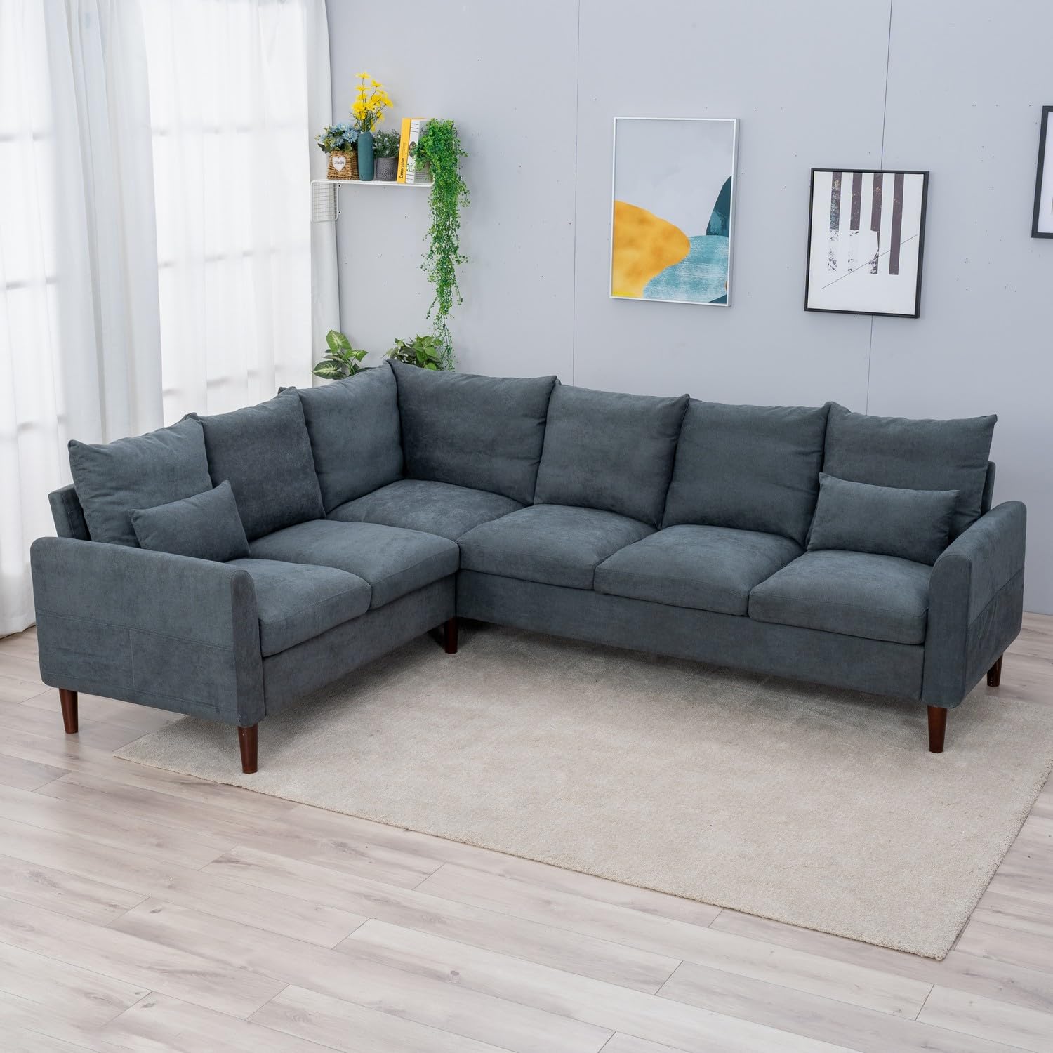 Panana Sectional Sofa Couch,Linen Fabric Couches for Living Room,L Shaped Couch, L Shaped Couch with USB Chaise (Grey - Curved Arm, 6 Seats Corner L Shape Sofa)