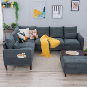 Panana Sectional Sofa Couch,Linen Fabric Couches for Living Room,L Shaped Couch, L Shaped Couch with USB Chaise (Grey - Curved Arm, 6 Seats Corner L Shape Sofa)