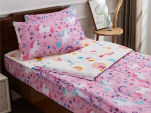 ntbed unicorn printed zipper bedding sets twin lightweight microfiber floral comforter sets with fitted sheet pillow covers,pink