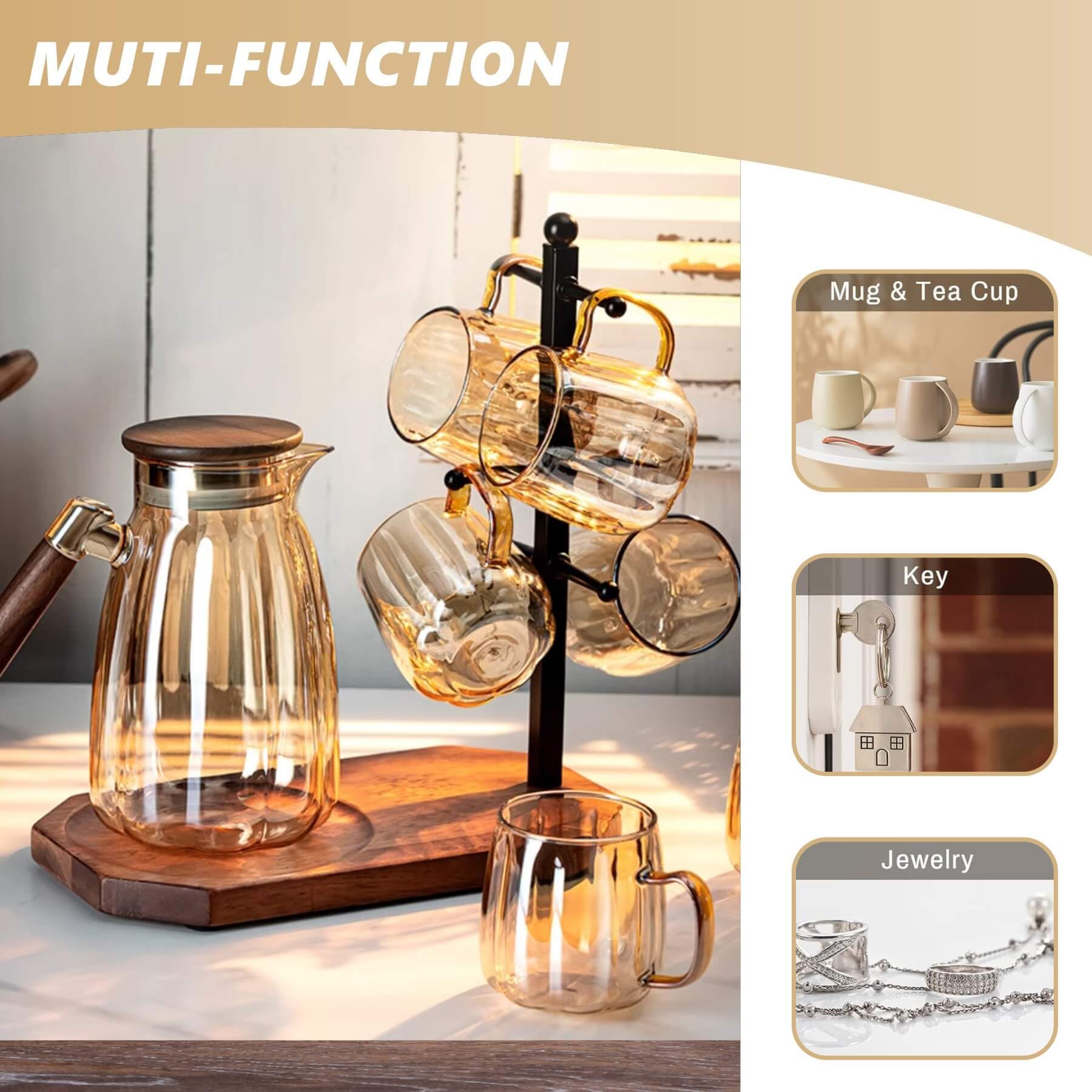 Mug Tree for Large Mugs, Mug Holder for Counter, Coffee Mug Tree for Counter, Mug Rack with 6 Hooks and Coffee Pot Tray, Multi-Function Mug Stand for Counter, Coffee Bar Accessory & Kitchen Organizer