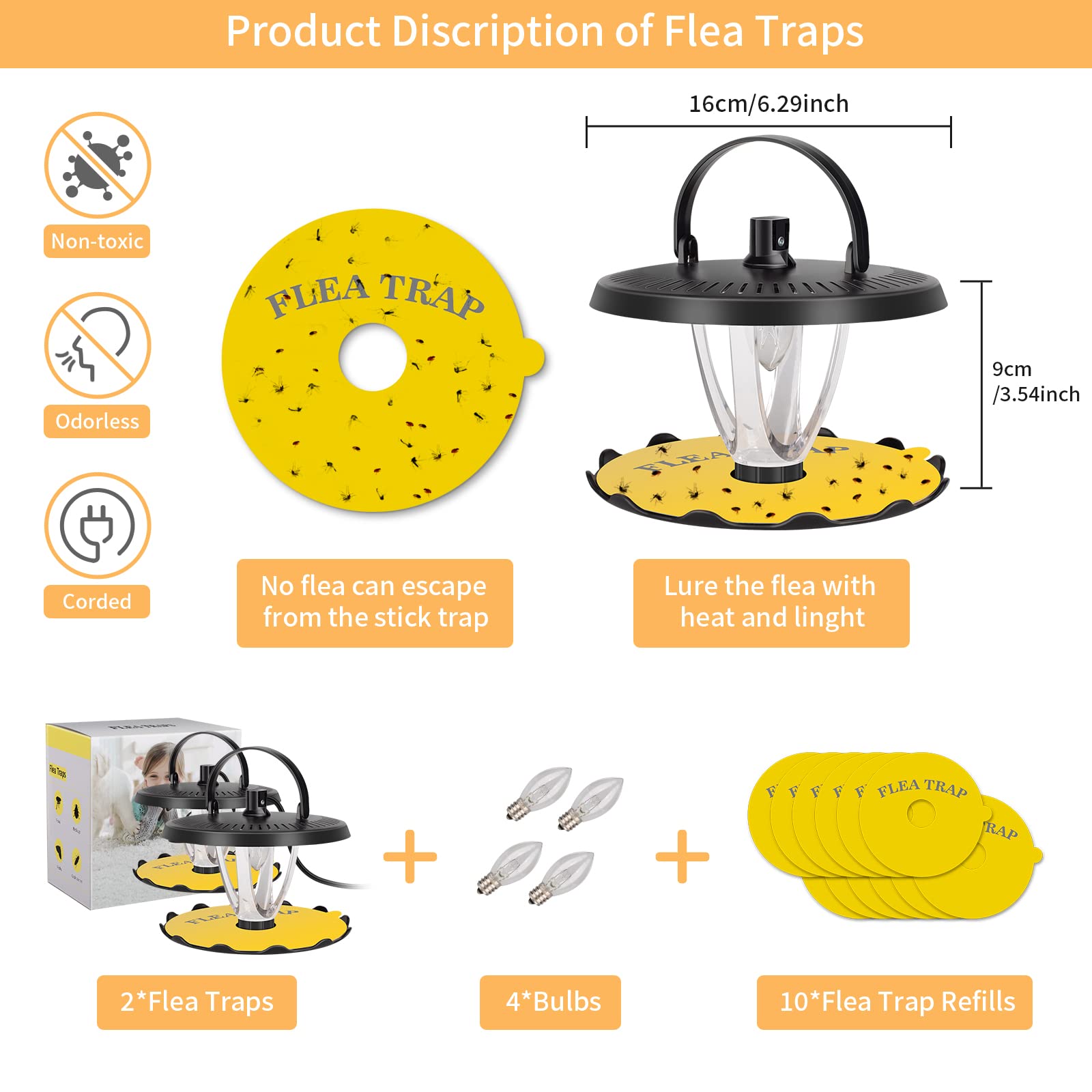 Protecker Flea Traps for Inside Your Home 2 Pack,Flea Treatment for House,Flea Killer Pest Traps for House Indoor,Reusable Flea Trap with Light Refills and Sticky Pads,Sticky Electronic Flea Trap