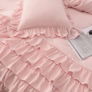 Rvciby Ruffle Duvet Cover Queen Size,Soft and Breathable Washed Microfiber Princess Bedding Set,3 Pieces,1 Duvet Cover with Zipper Closure & Corner Ties and 2 Pillow Shams,90 X 90 Inches (Queen,Pink)