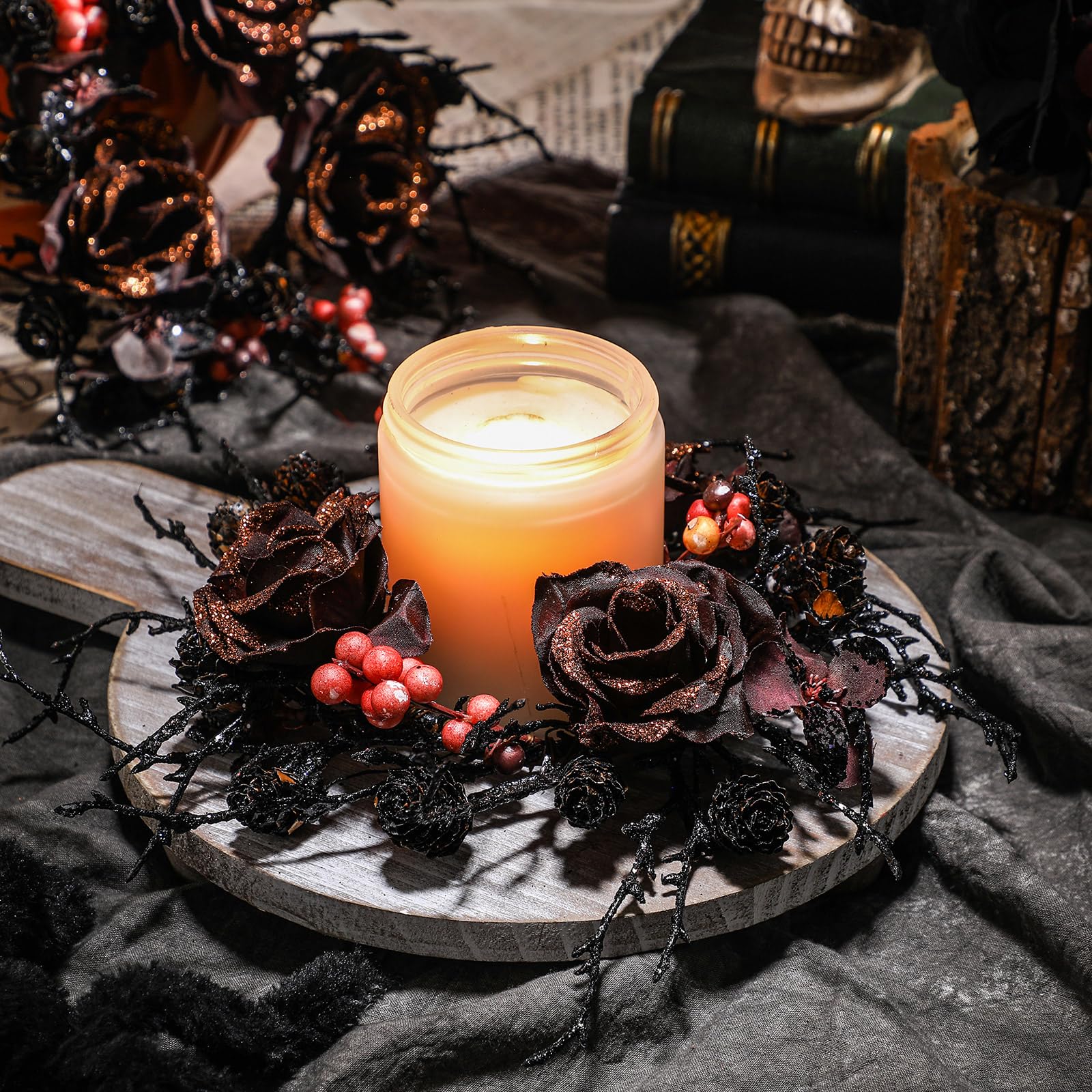 Jexine 6 Pcs Fall Candle Rings Wreaths Black Halloween Rings 3 Inch Black Twig Wreath Candle Ring Gothic Rose with Glitter Leaves Wreath for Fall Thanksgiving Home Table Centerpieces Decorations