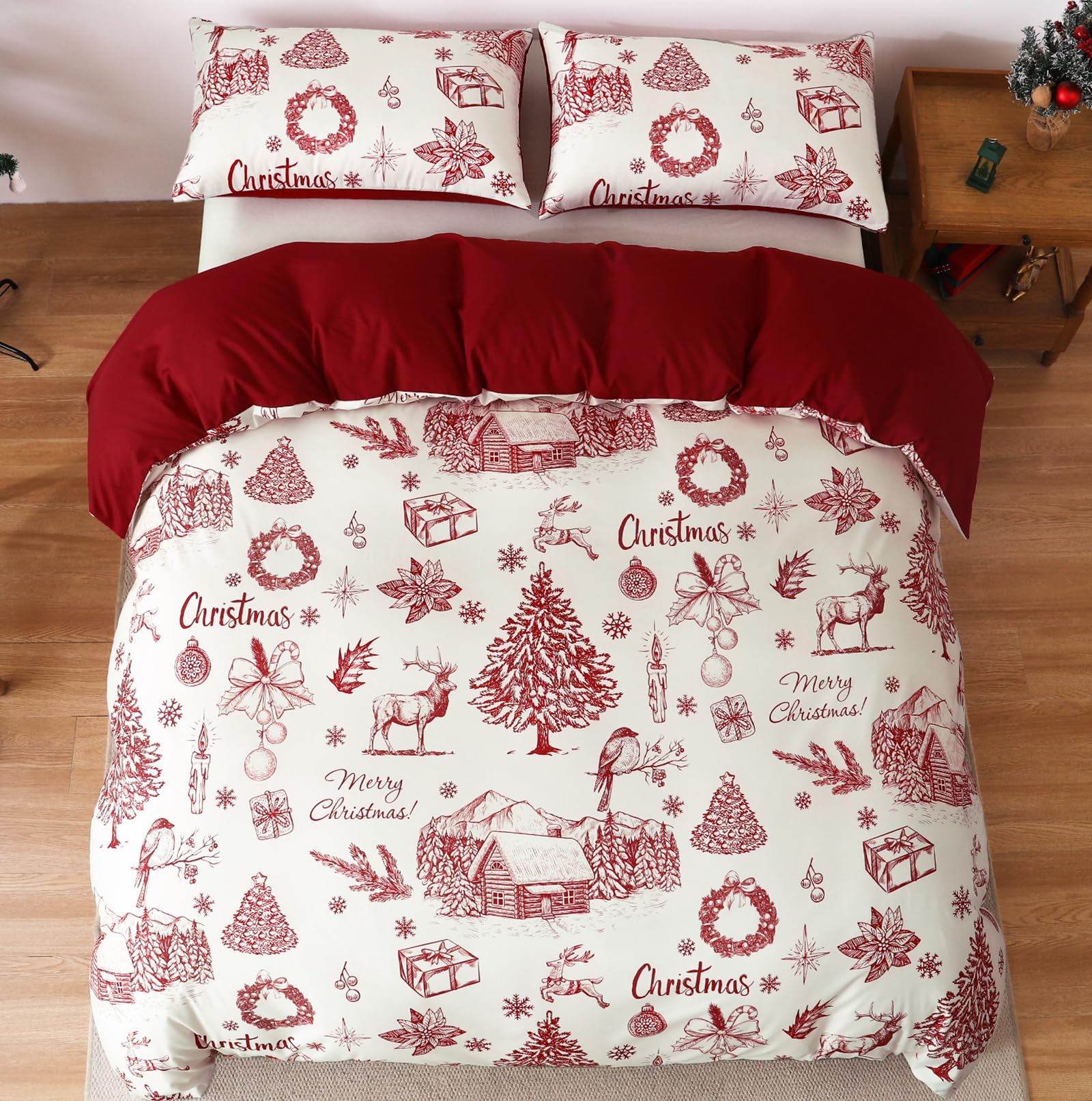 WONGS BEDDING Christmas Duvet Cover Set King, 3 Pcs Red Christmas Bedding Set with Elk, Snowflakes, Farmhouse, Soft Microfiber Comforter Cover Set Includes with 2 Pillowcases (Not Comforter)