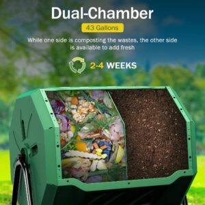 Saicool Large Dual Chamber Composting Tumbler Outdoor Garden Rotating Compost Bin Tumbling Composter with Sliding Door, (43 Gallon,Green)