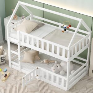 dreloft twin over twin floor bunk bed with roof, twin low house bunk bed frame with ladder, fence and door for kids teens boys girls, easy assembly, white