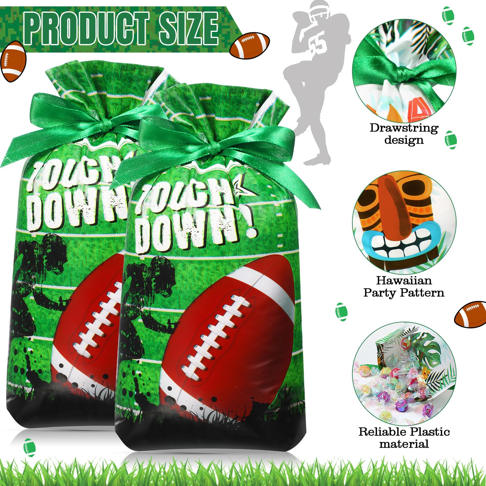 Pasimy 50 Pcs Football Birthday Gift Bags Baseball Birthday Drawstring Bags Football Plastic Bags Baseball Favors Candy Treat Goodie Bags for Football Themed Kids Birthday Party Supplies