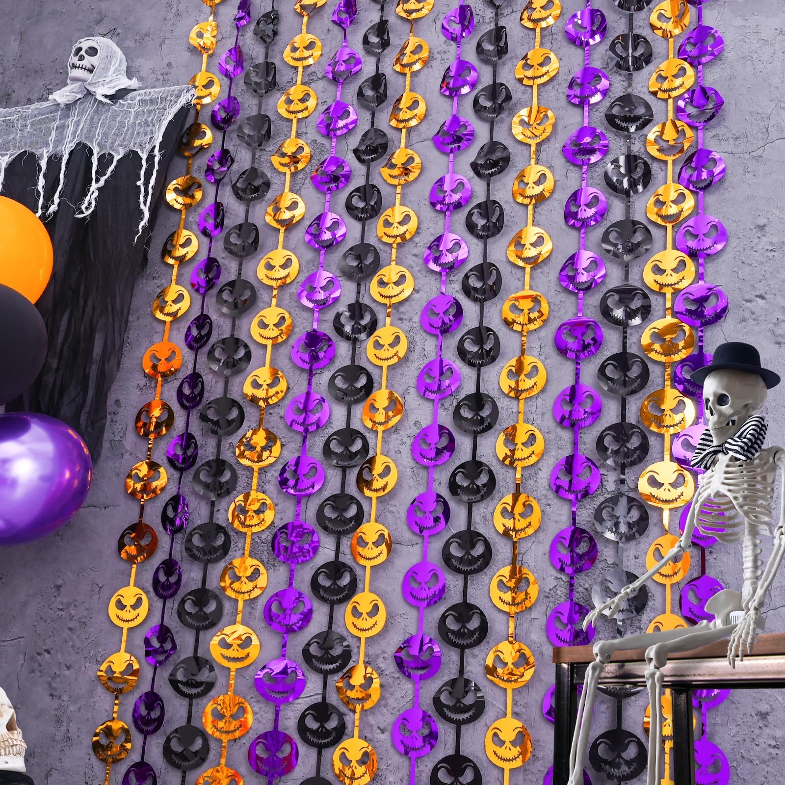 Menstarsi Halloween Party Decorations, 2 Pack Nightmare Jack Orange Purple Black Skeleton Skull Foil Fringe Curtains, 3.3 X 6.6 ft Photo Booth Props Party Backdrop for Halloween Holiday Birthday Decor