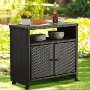 googic outdoor wicker storage cabinet - patio bar table with wheel,outdoor buffet cabinet movable,garden weather-proof bar table/cart for indoor&outdoor (dark brown)