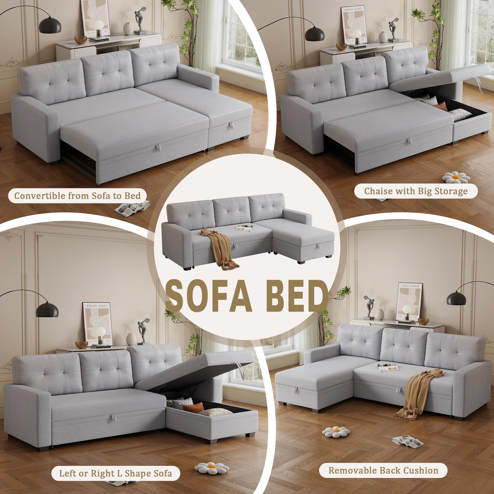 ACQCA 82" Convertible Sectional Sleeper Sofa with Storage Chaise, L Shaped Pull Out Couch Bed with 3 Tufted Back Cushion for Living Room, Apartment,Office,Light Gray