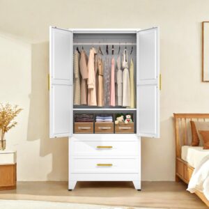 paofin white 71" metal armoire wardrobe closet, bedroom clothing storage cabinet with 2 drawers and hanging rod, freestanding armoire cabinet with adjustable shelves