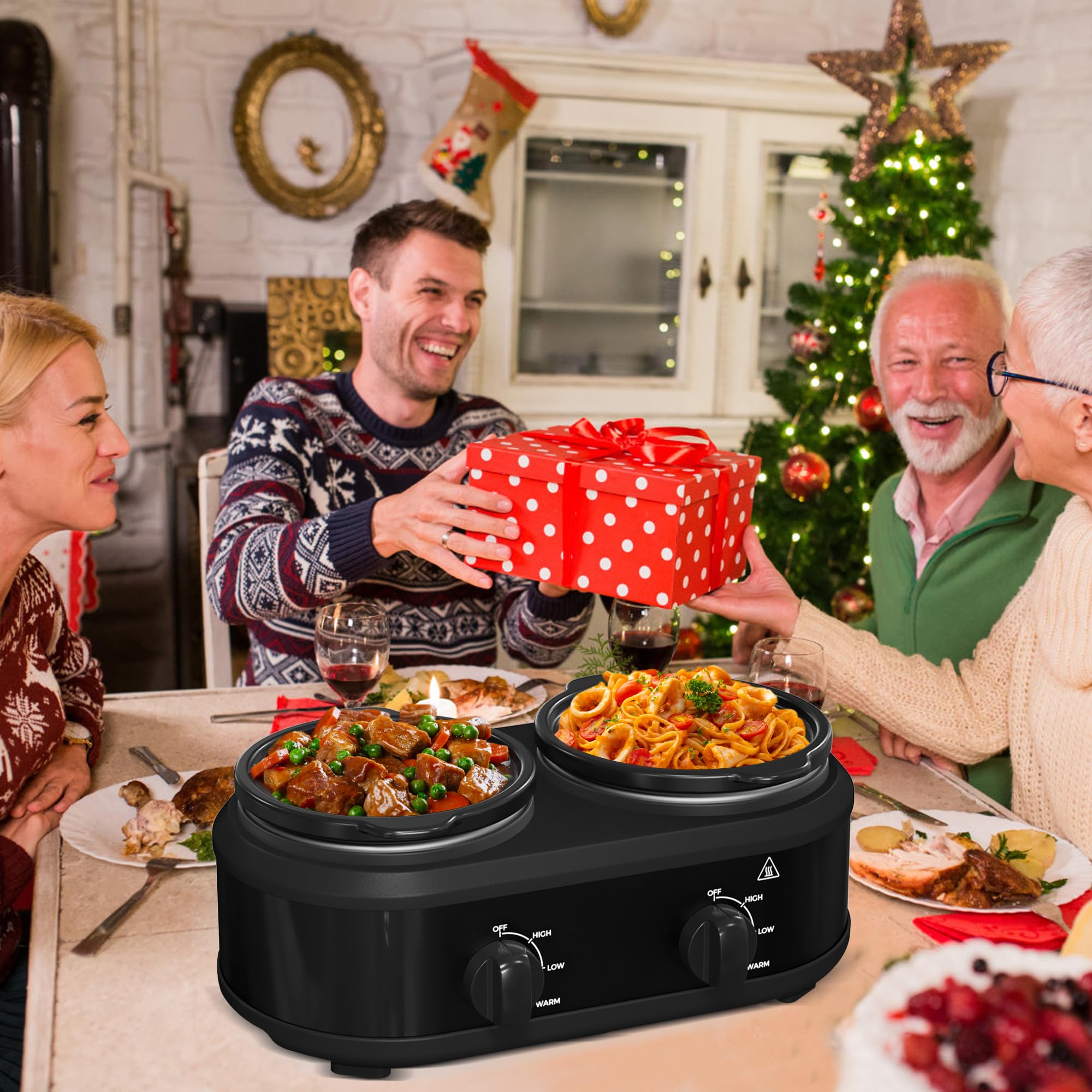 Double Slow Cooker Buffet Server and Warmers, Small Slow Cooker with 3 Individual Adjustable Temp, Dishwasher Safe Dual Ceramic Pots, Total 2.5 Quarts, Black