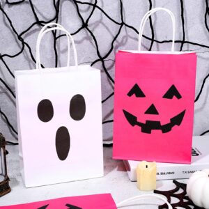 JarThenaAMCS 24Pcs Halloween Paper Gift Bags Pink White Ghost Pumpkin Party Favor Bags with Handle Goodie Candy Treat Bags for Halloween Party Decor Supplies