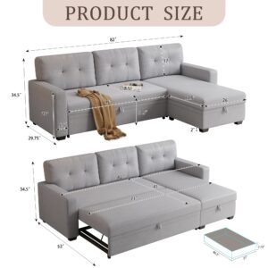 ACQCA 82" Convertible Sectional Sleeper Sofa with Storage Chaise, L Shaped Pull Out Couch Bed with 3 Tufted Back Cushion for Living Room, Apartment,Office,Light Gray