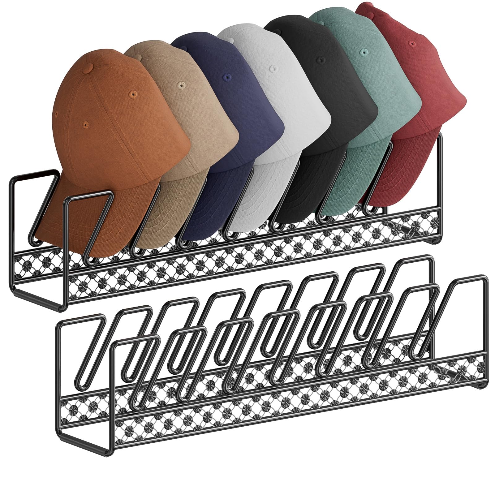 EKNITEY Hat Organizer for Baseball Caps - 2 Pack Black Metal Cap Display Rack for Closet and Wall Mounting