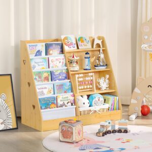 Lerliuo 4 Tier Kids Bookshelf and Storage Organizer, Five Layer Sling Children Bookcase, Baby Toddler Wooden Book Shelf, Display Cabinet for Playroom, Bedroom, Classroom, Nursery, School (Natural)