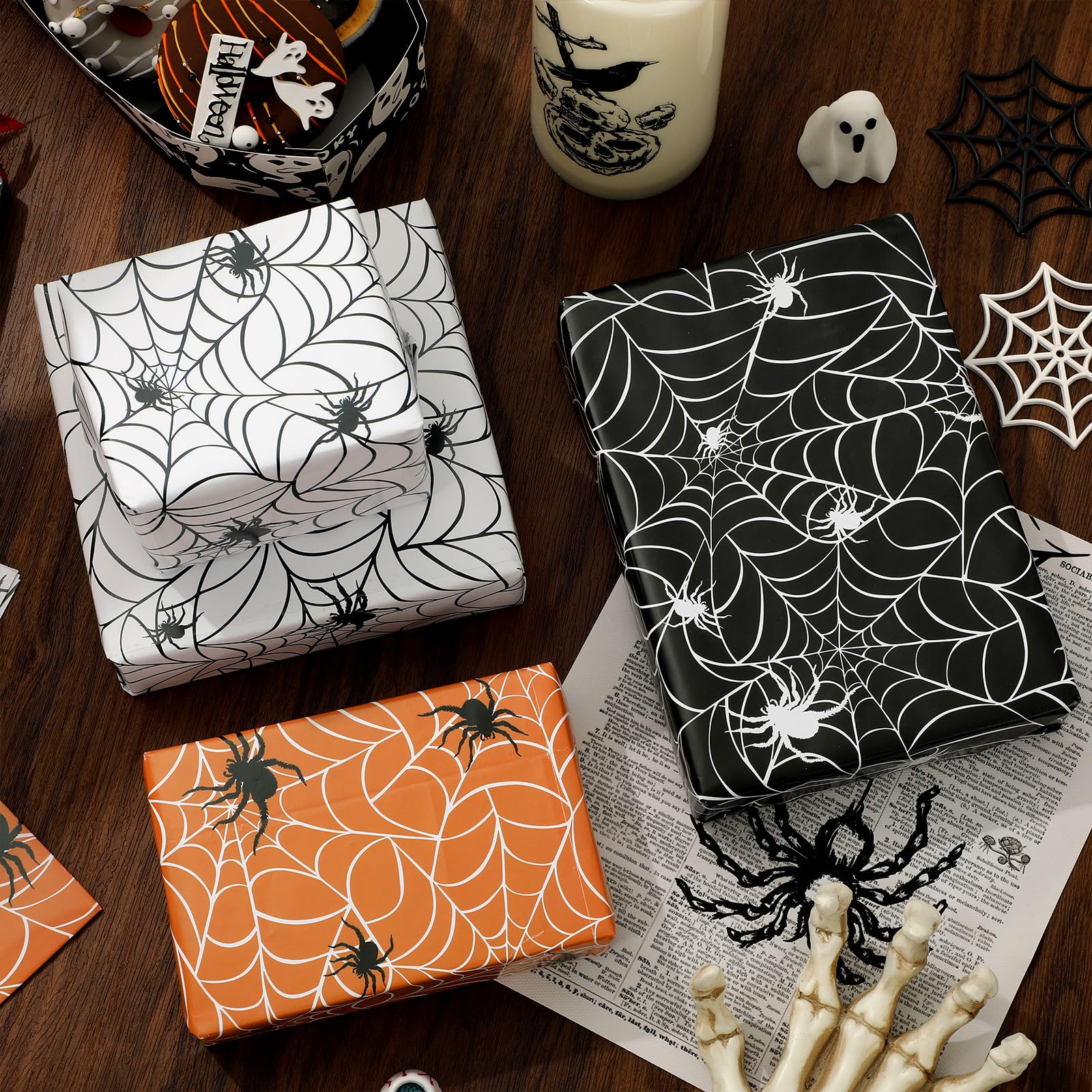 JarThenaAMCS 12 Sheets Halloween Wrapping Paper -Not Roll- Spider Web Gift Wrap Paper Orange White Black Folded Flat DIY Art Craft Paper for Party Packaging, 19.7 x 27.6 Inch