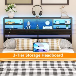 Furnulem Headboard Full Size with 3-Tier Shelf, Bookcase Storage Head Board with RGB LED Light and Charging Station,2 Outlets and 2 USB Ports,Black Wood Storage Cubbies & Metal Frame,Adjustable Height