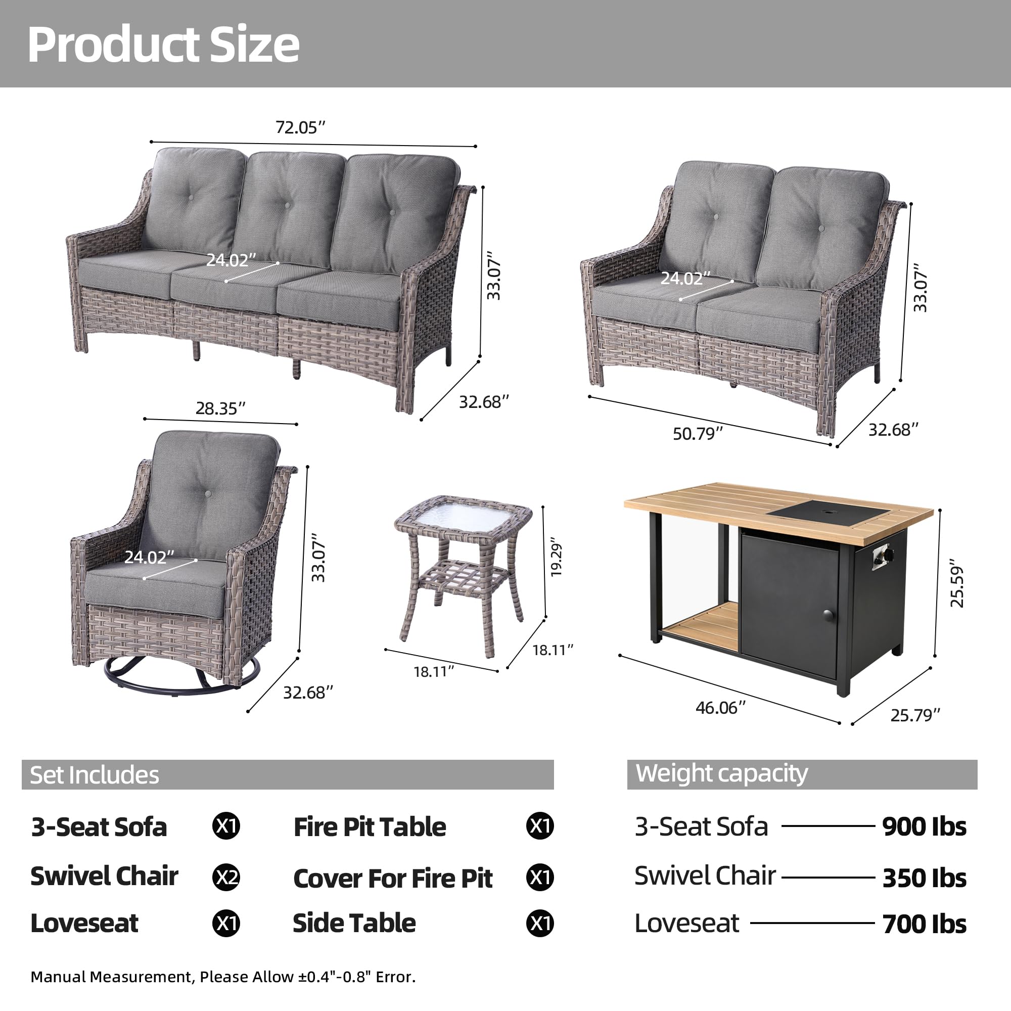 weaxty W Patio Furniture Set,6 Pieces Wicker Patio Furnitures with Outdoor Loveseat,Double-Deck Fire Pit Table,Swivel Rocking Chairs,All Weather Patio Conversation Sets,Dark Gray