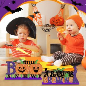 Threehoney 6 Pcs a Baby is Brewing Halloween Table Centerpiece Wooden Pumpkin Table Centerpiece Black Purple Witch Block Sign Halloween Baby Shower Decorations for Dinner Gender Reveal Party