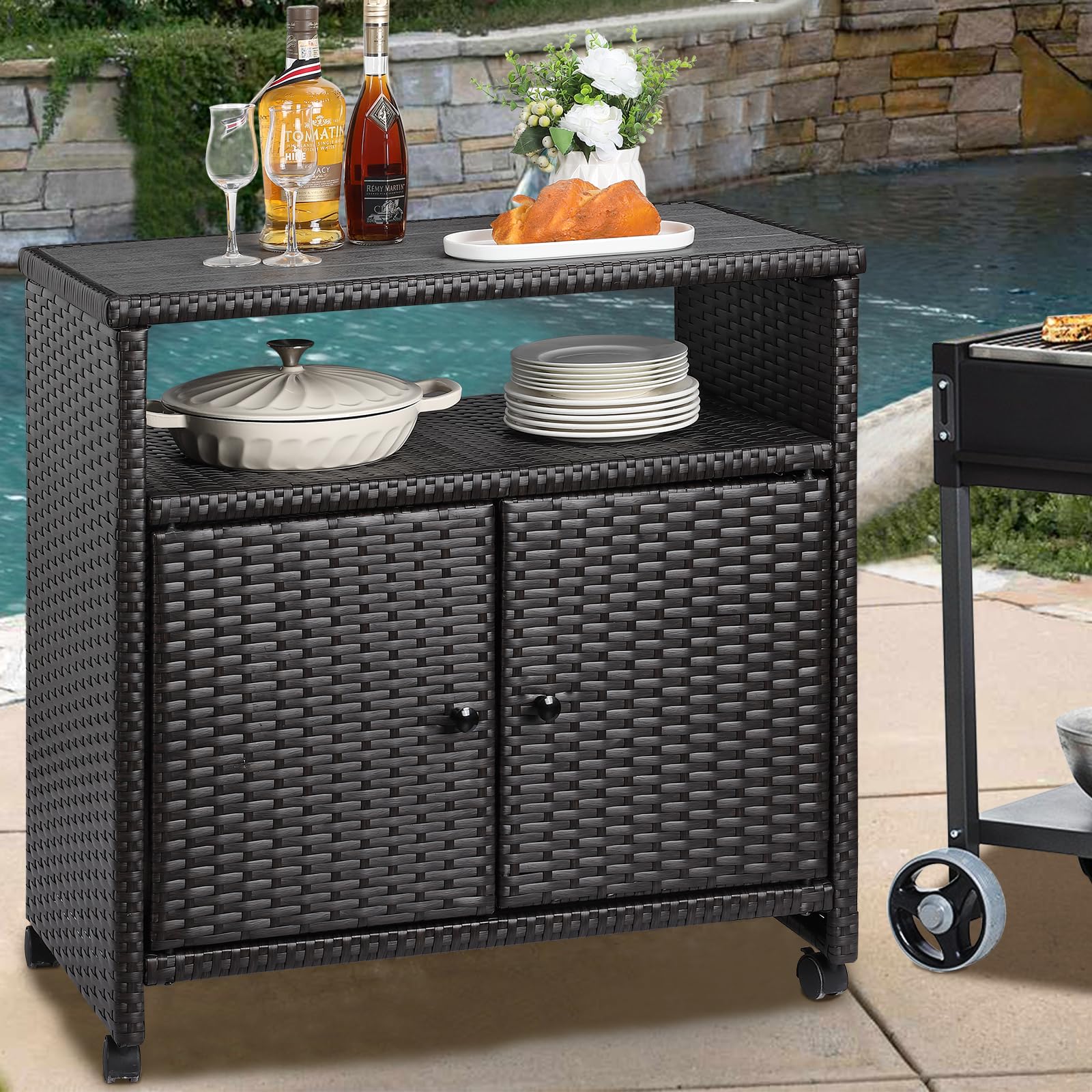 GOOGIC Outdoor Wicker Storage Cabinet - Patio Bar Table with Wheel,Outdoor Buffet Cabinet Movable,Garden Weather-Proof Bar Table/Cart for Indoor&Outdoor (Dark Brown)