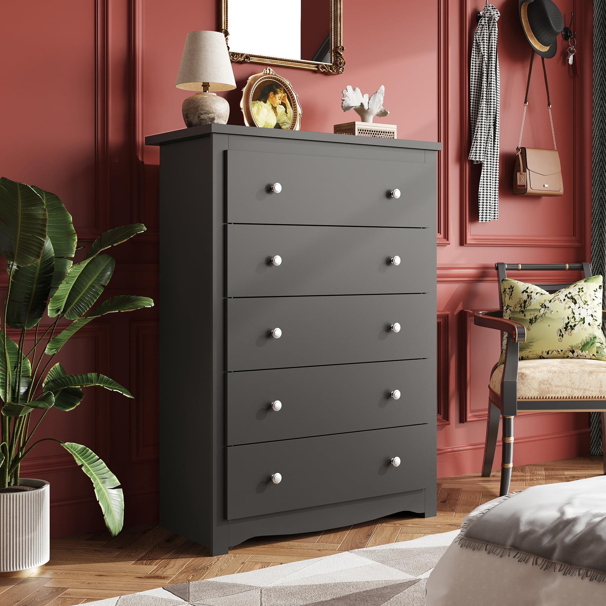 WLIVE Wood Dresser with 5 Drawer, Cabinets Dressers Wood Dresser Cabinet, Organizer Drawers for Bedroom, Living, Hallway, Measuring 15.7" W*31.4" D*45.3" H, Black ﻿