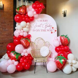 120pcs strawberry balloon arch garland kit, red and pink balloons with 27inch strawberry foil balloons for sweet one berry first birthday baby shower strawberry party decorations