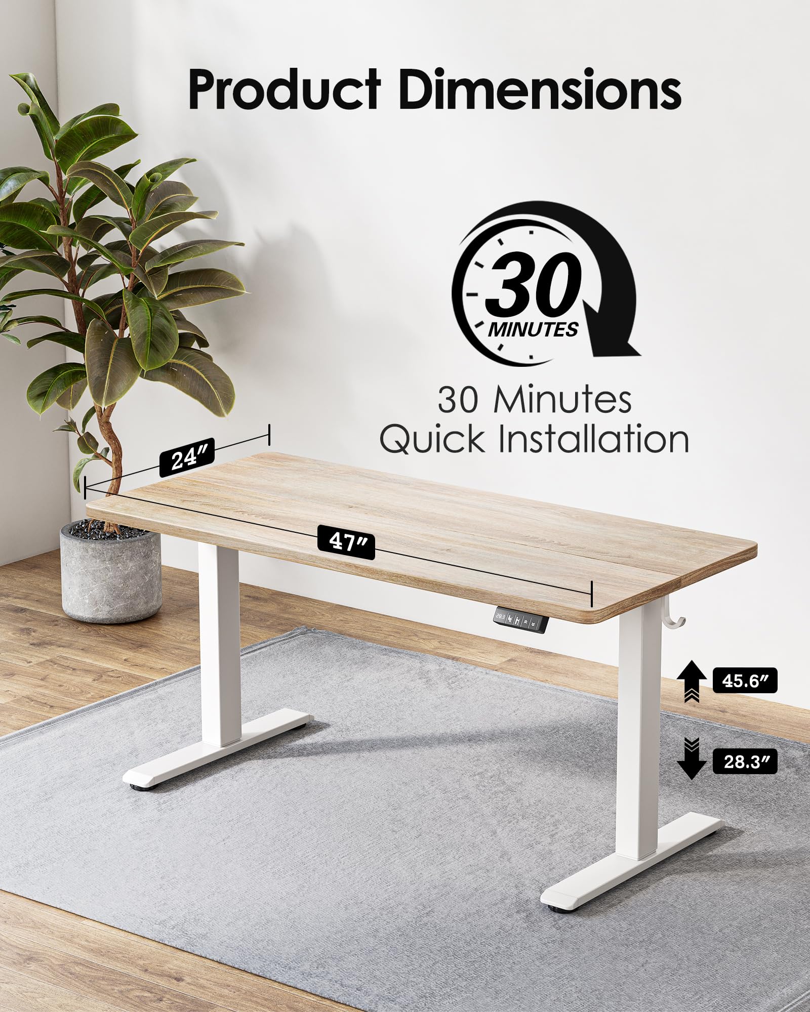 TIQLAB Standing Desk 47 x 24 inch, Electric Height Adjustable Desk with Splice Board, Stand Up Desk with Casters, Sit Stand Desk Computer Desk for Home Office, White Frame/Maple Top