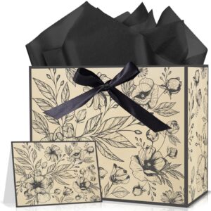 yoirrat vintage floral gift bag christmas paper bag black flowers wrapping bag with paper card vintage wildflower gift wrap bag for women wedding bridal christmas anniversary birthday party supplies