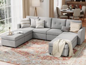 linsy home oversized modular sofa, rubik iii 4 seat modular sectional couch with 4 ottomans, u shaped sleeper sofa with storage, all covers changeable washable, grey