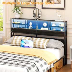 Furnulem Headboard Full Size with 3-Tier Shelf, Bookcase Storage Head Board with RGB LED Light and Charging Station,2 Outlets and 2 USB Ports,Black Wood Storage Cubbies & Metal Frame,Adjustable Height