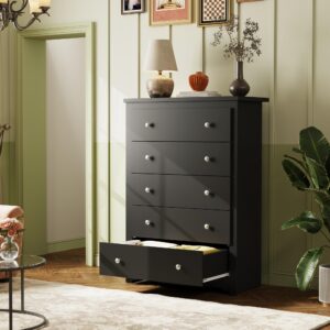 WLIVE Wood Dresser with 5 Drawer, Cabinets Dressers Wood Dresser Cabinet, Organizer Drawers for Bedroom, Living, Hallway, Measuring 15.7" W*31.4" D*45.3" H, Black ﻿