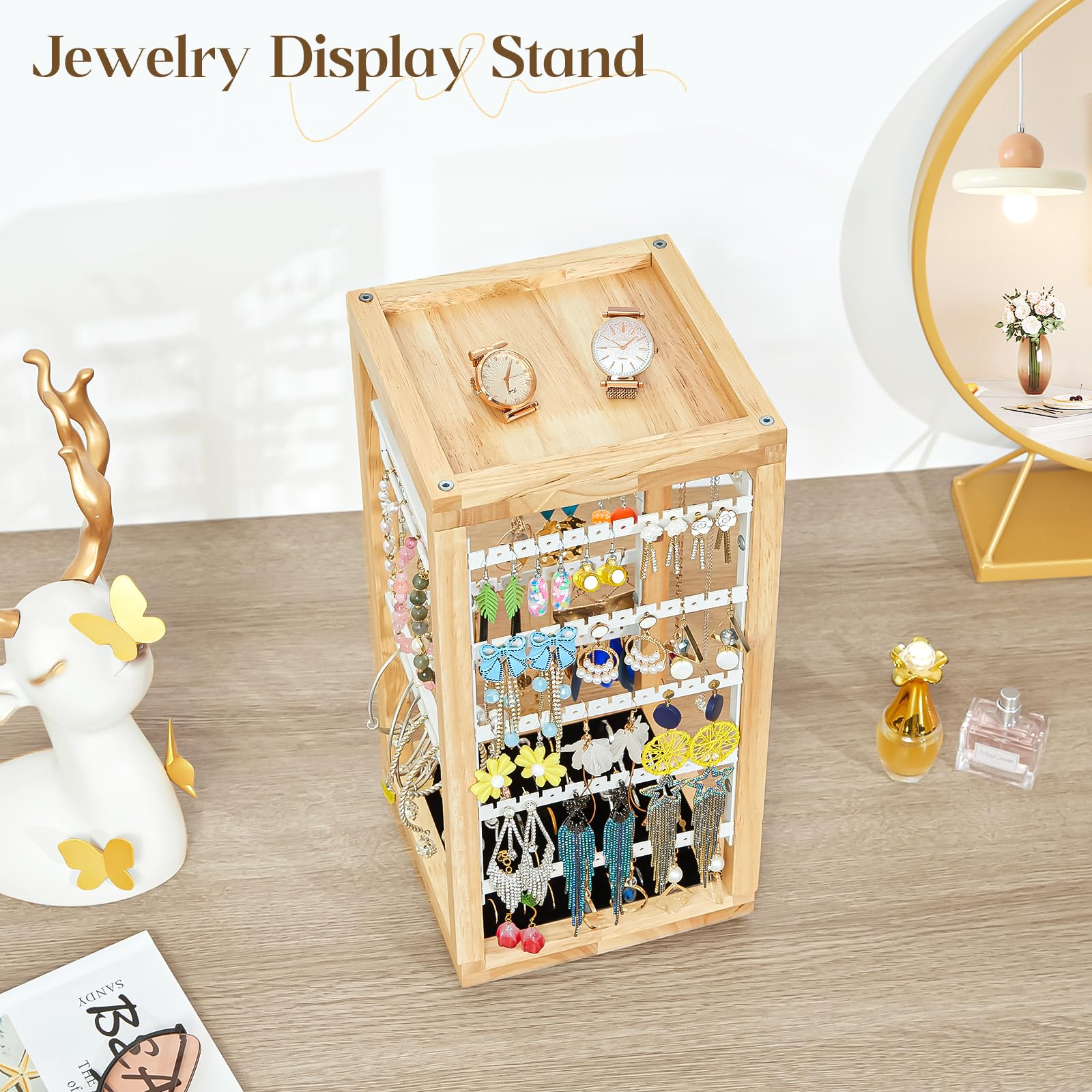 X-cosrack 360° Rotating Earring Holder and Jewelry Organizer Stand, 7 Tiers Earring Display with Ring Tray, 210 Holes for Stud Earring Organizer, Jewelry Holder Rack for Necklace Bracelets Ring Girls