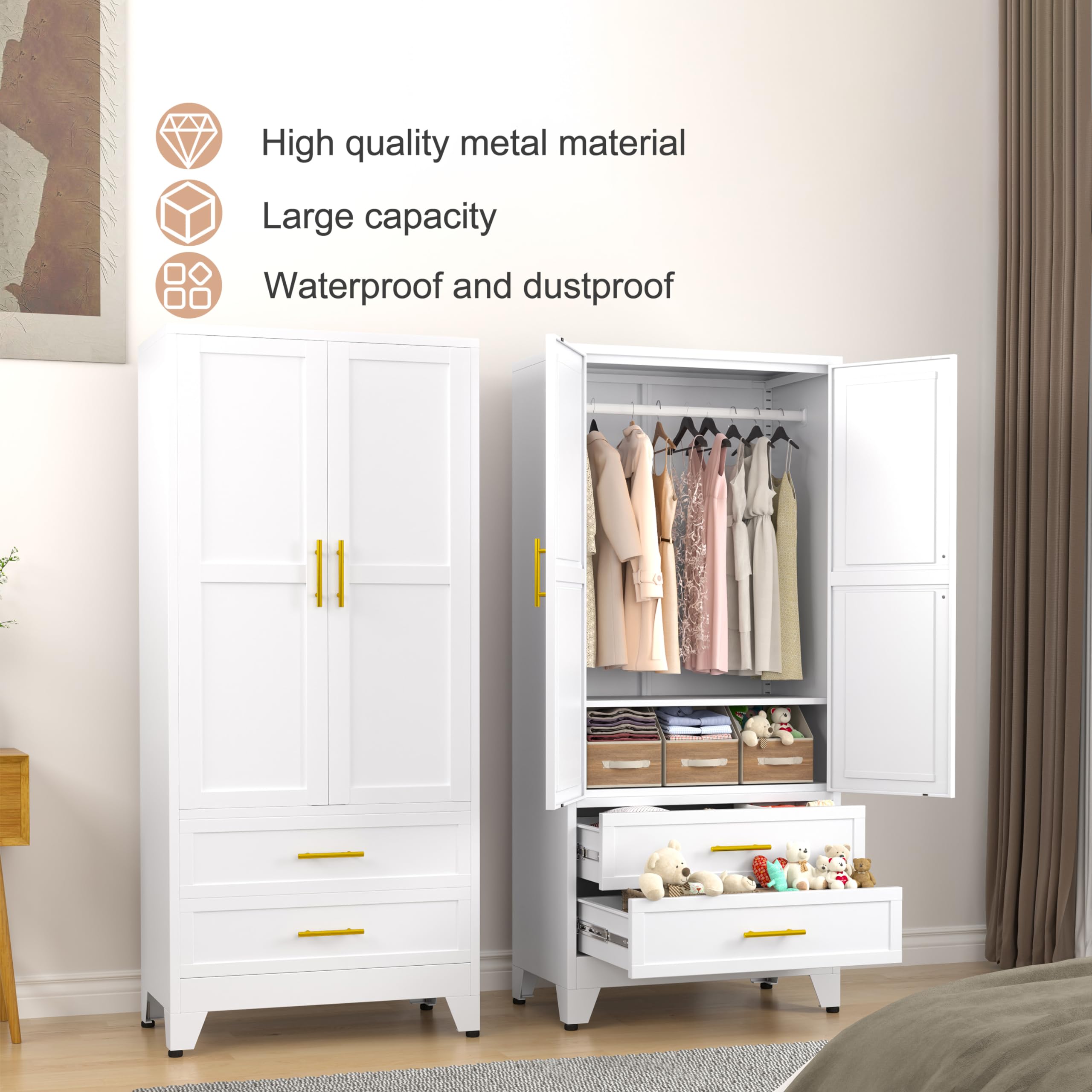 PAOFIN White 71" Metal Armoire Wardrobe Closet, Bedroom Clothing Storage Cabinet with 2 Drawers and Hanging Rod, Freestanding Armoire Cabinet with Adjustable Shelves