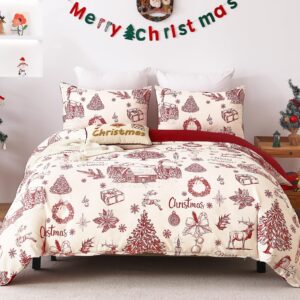 WONGS BEDDING Christmas Duvet Cover Set King, 3 Pcs Red Christmas Bedding Set with Elk, Snowflakes, Farmhouse, Soft Microfiber Comforter Cover Set Includes with 2 Pillowcases (Not Comforter)