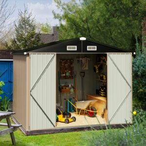 Aoxun Outdoor Storage Shed 8.5FT x 5.6FT, Metal Steel Utility Tool Shed Storage House with Door & Lock, for Backyard Garden, Brown