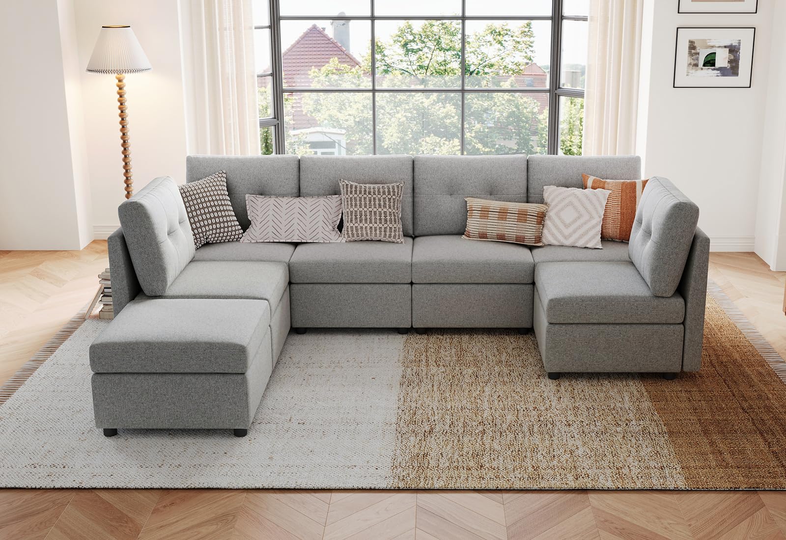 LINSY HOME Oversized Modular Couch, Rubik III 6 Seats with Ottoman Convertible U Shaped Sectional Sleeper Sofa with Storage, All Covers Changeable Washable, Grey