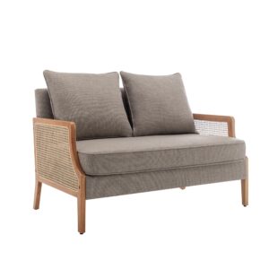 Aklaus 45" W Fabric Small loveseat with Natural Rattan Arms,Upholstered Modern Mini Sofa Linen Couch Taupe Settee Bench with Back for Living Room Bedroom Office Small Space Entryway Grey Brown