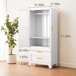 PAOFIN White 71" Metal Armoire Wardrobe Closet, Bedroom Clothing Storage Cabinet with 2 Drawers and Hanging Rod, Freestanding Armoire Cabinet with Adjustable Shelves