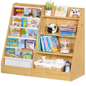 lerliuo 4 tier kids bookshelf and storage organizer, five layer sling children bookcase, baby toddler wooden book shelf, display cabinet for playroom, bedroom, classroom, nursery, school (natural)