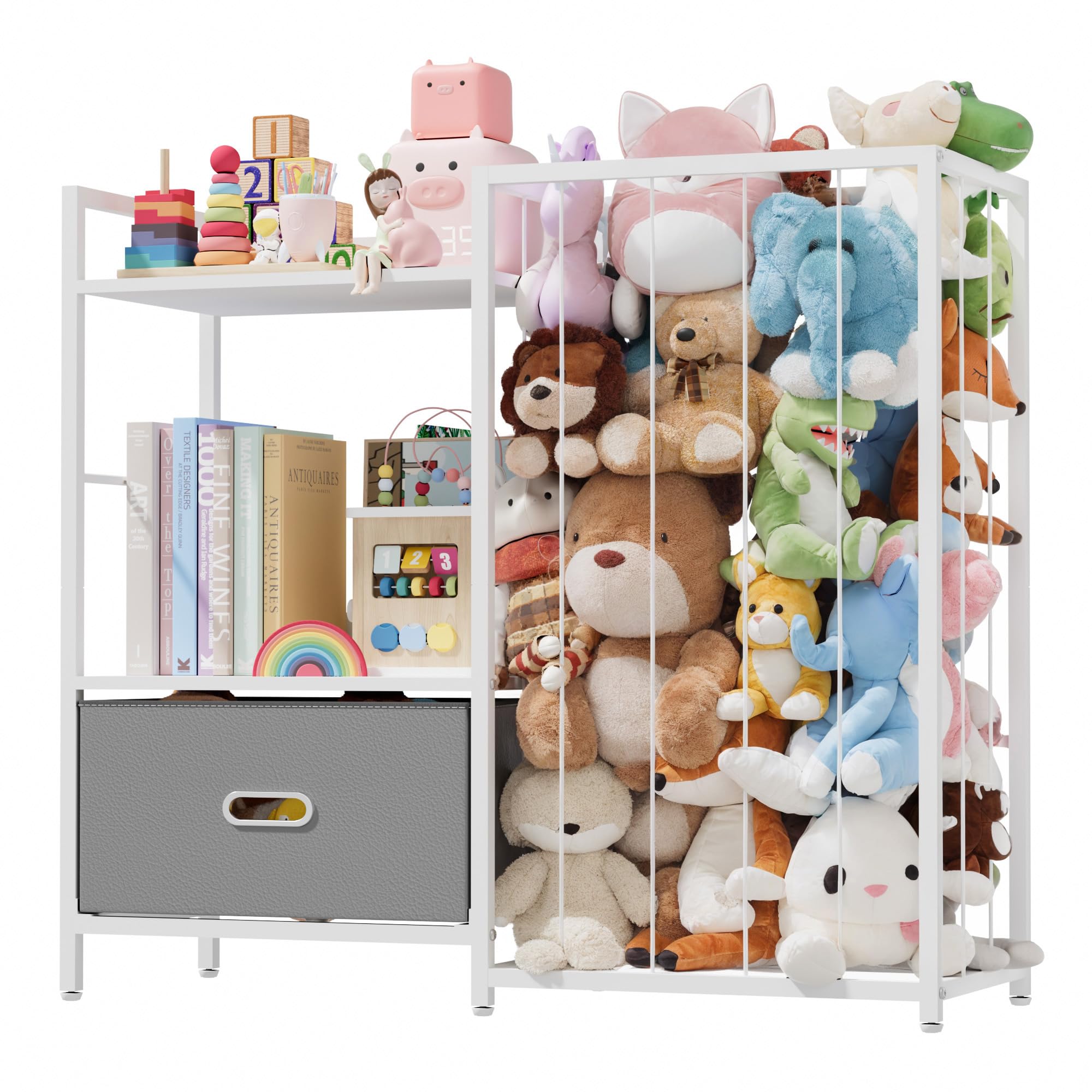 Stuffed Animal Storage Toy Storage Organizer, Metal Toy Storage with Kids Bookshelf and Toy Box, Stuff Animal Organizer Toy Bin, Plushies Storage Holder Zoo Toy Chest for Kids Room, Playroom, Nursery