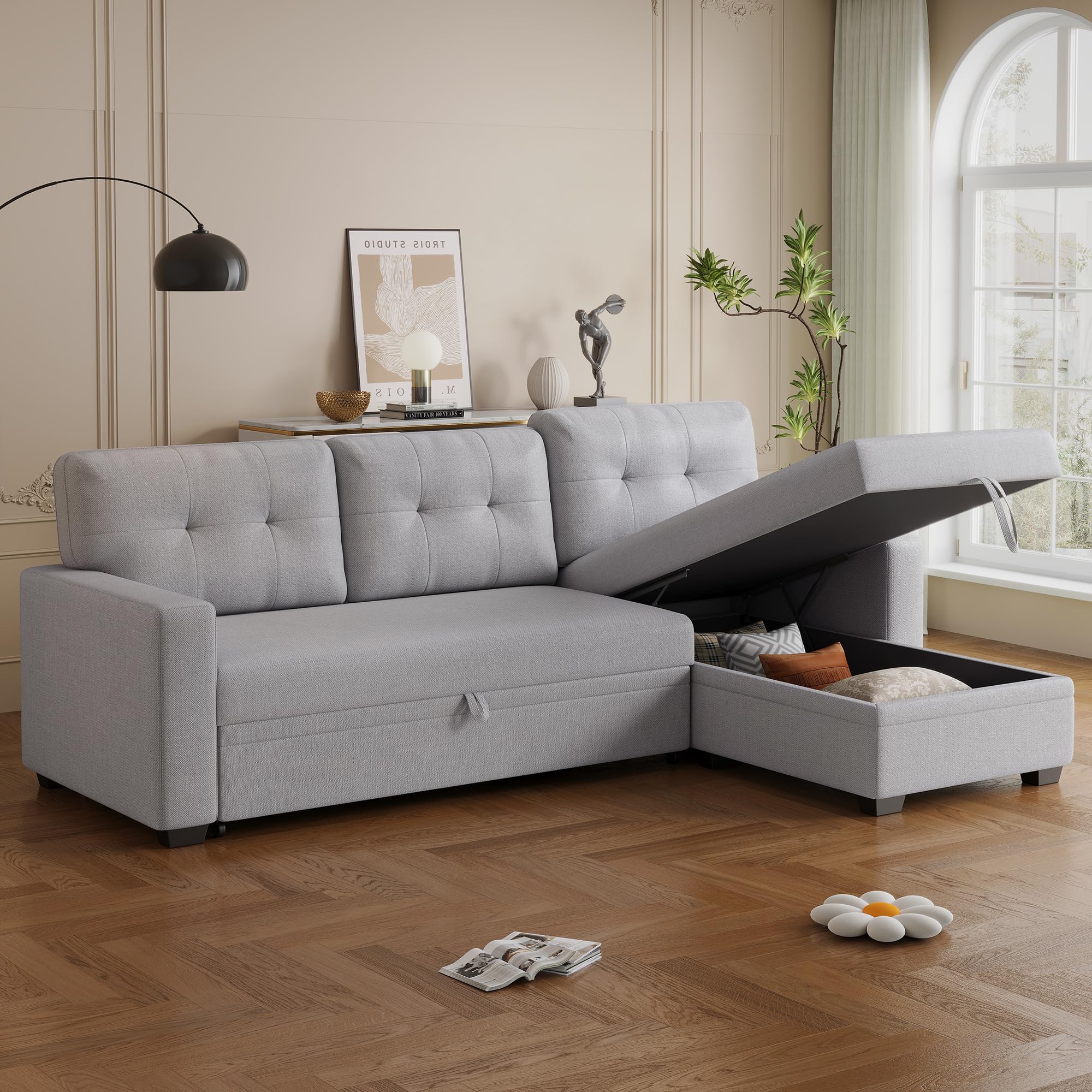 ACQCA 82" Convertible Sectional Sleeper Sofa with Storage Chaise, L Shaped Pull Out Couch Bed with 3 Tufted Back Cushion for Living Room, Apartment,Office,Light Gray