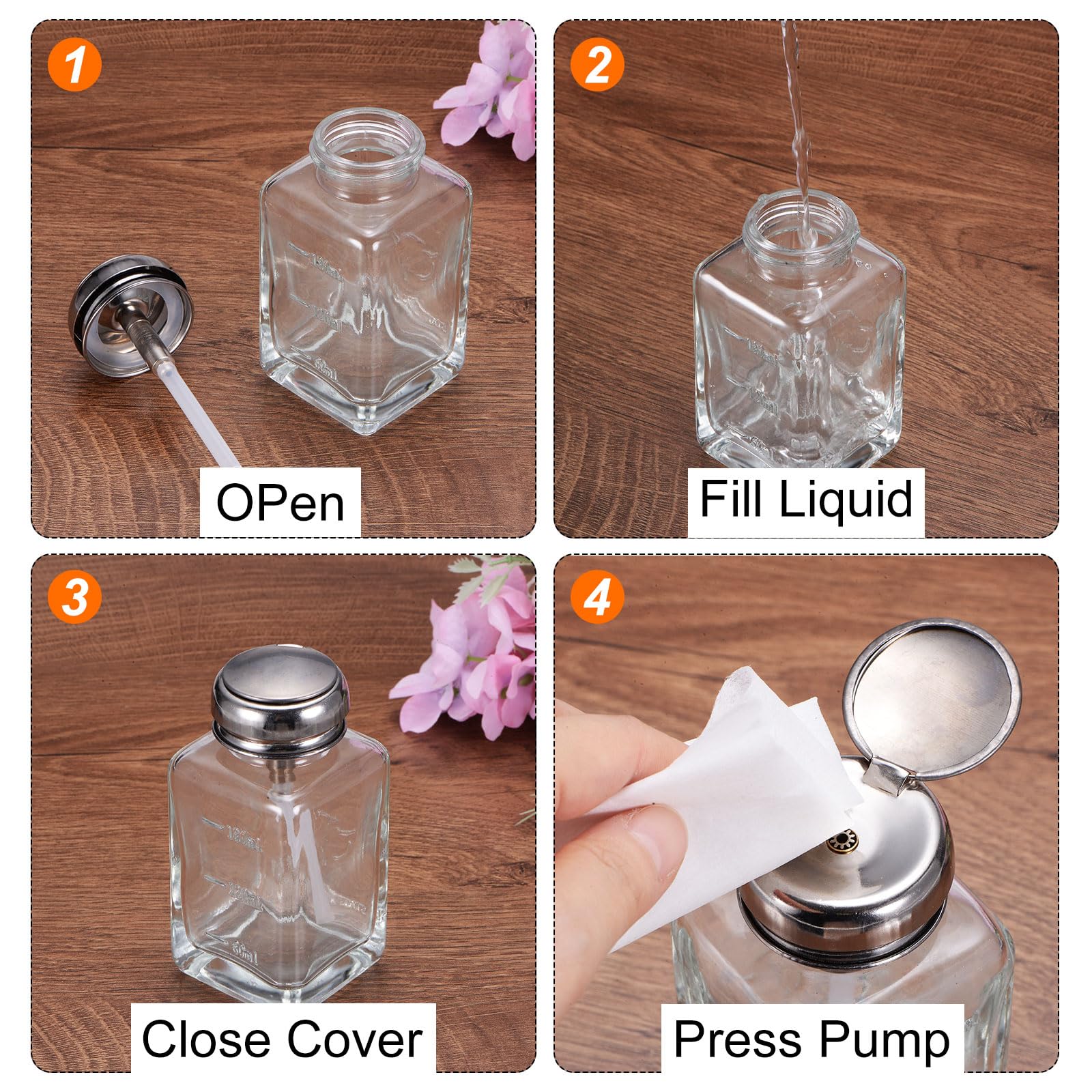 HARFINGTON 6Oz / 180ML Glass Pump Dispenser Bottle Square Clear Liquid Pumping Press Push Down Alcohol Container with Metal Flip Cover for Makeup Remover