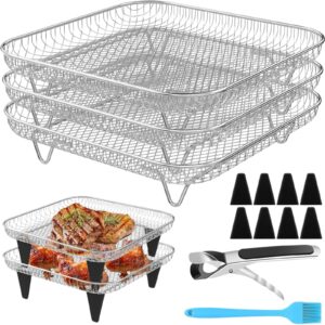 air fryer accessories with 8pcs foot cover - 8" square 3 stackable dehydrator racks fits 5.8 qt air fryer racks for cosori, instant vortex, nuwave air fryer, ninja foodi grill 304 stainless steel