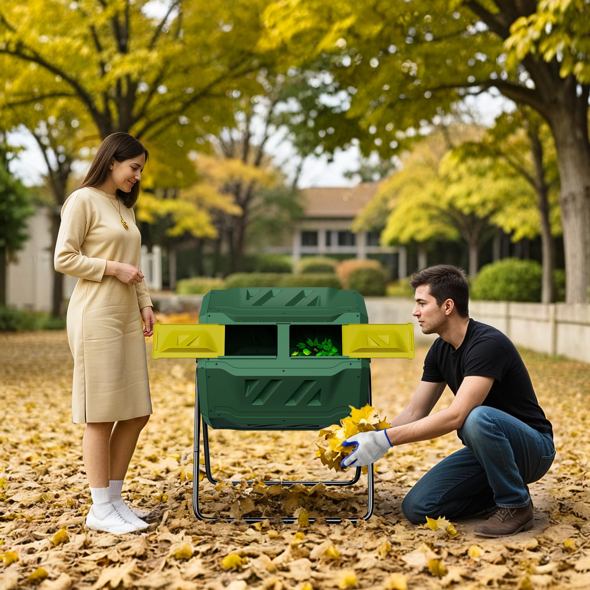 Saicool Large Dual Chamber Composting Tumbler Outdoor Garden Rotating Compost Bin Tumbling Composter with Sliding Door, (43 Gallon,Green)