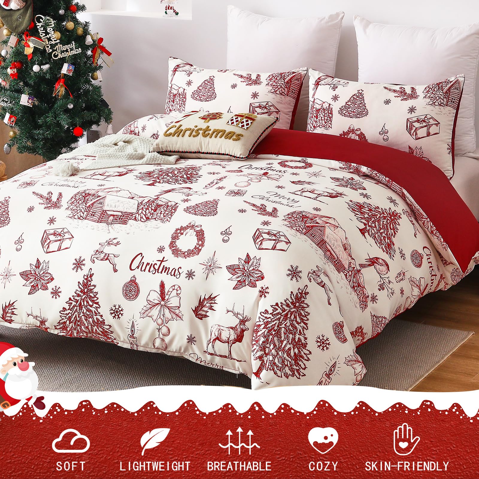 WONGS BEDDING Christmas Duvet Cover Set King, 3 Pcs Red Christmas Bedding Set with Elk, Snowflakes, Farmhouse, Soft Microfiber Comforter Cover Set Includes with 2 Pillowcases (Not Comforter)